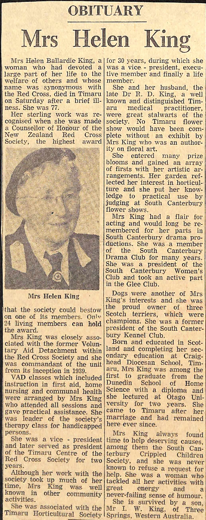 Obituary: Mrs Helen King | Aoraki Heritage Collection