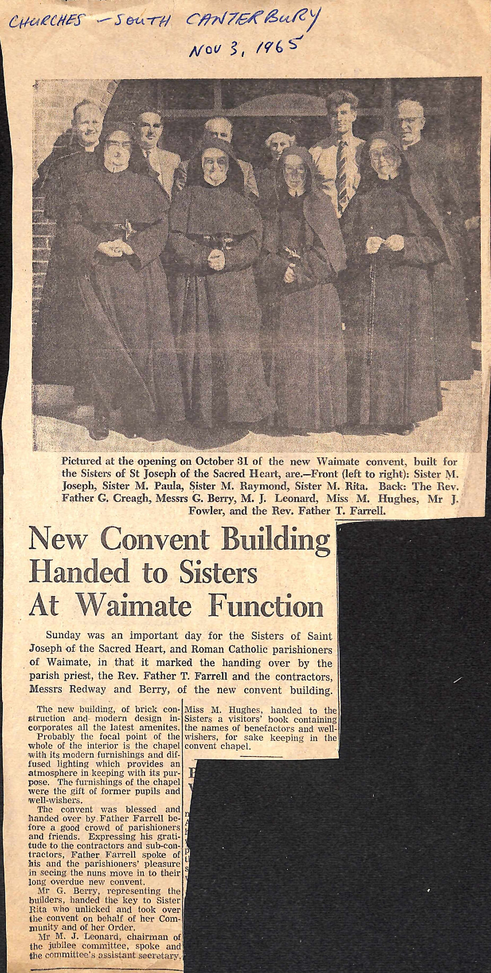 New Convent Building Handed to Sisters At Waimate Function | Aoraki ...